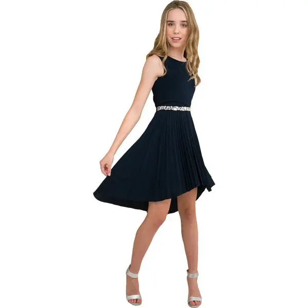 UN DEUX TROIS Pleated High-low Dress With Belt - Navy