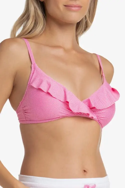 Helen Jon Ruffled Shirred Crossover Bikini Top - Pink Gingham
