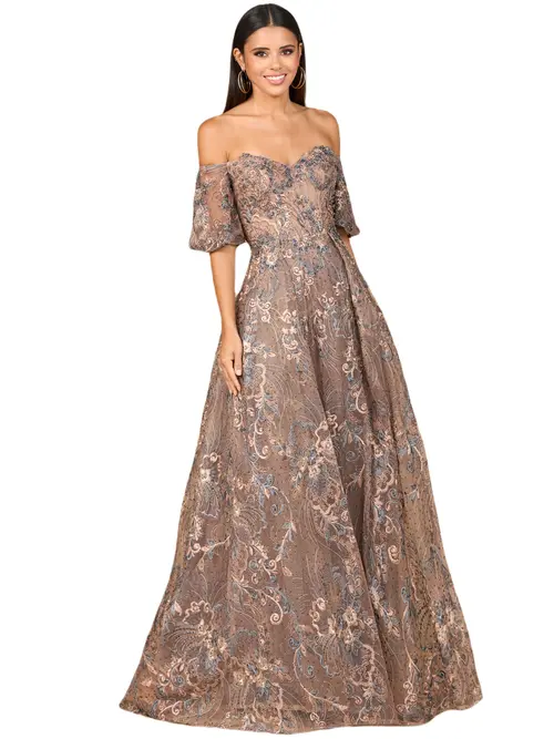 LARA NEW YORK Off Shoulder Lace Ballgown - Bronze Multi
