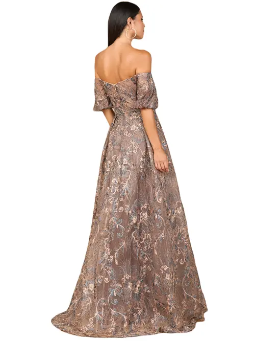 LARA NEW YORK Off Shoulder Lace Ballgown - Bronze Multi