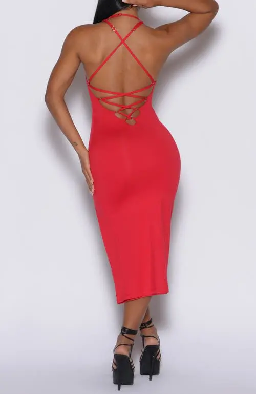 BOMBSHELL SPORTSWEAR Form Fitting Evening Dress With Lace-up Open Back And High Slit - Bright Red