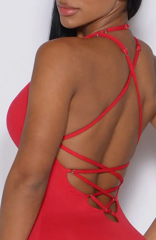 BOMBSHELL SPORTSWEAR Form Fitting Evening Dress With Lace-up Open Back And High Slit - Bright Red