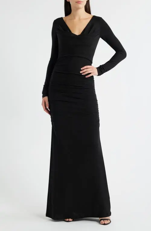 Black Halo Rafaela Long Sleeve Glitter Knit Gown - Black