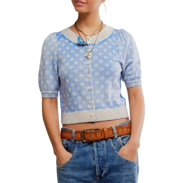 Free People Isla Puff Sleeve Crop Cardigan - Blue Combo