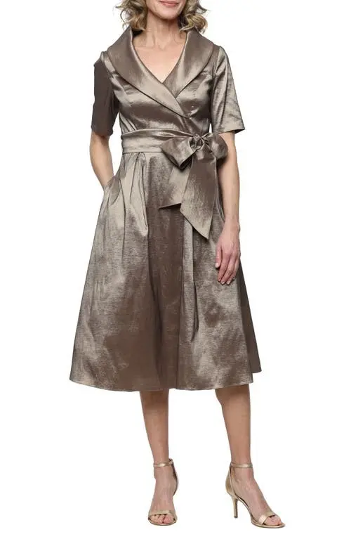 Alex Evenings Stretch Taffeta Faux Wrap Midi Cocktail Dress - Bronze