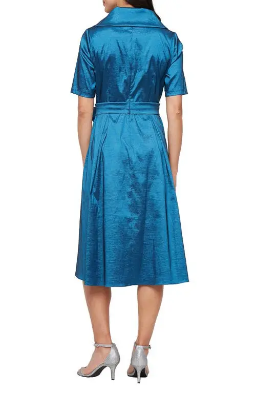 Alex Evenings Stretch Taffeta Faux Wrap Midi Cocktail Dress - Deep Blue |  Editorialist