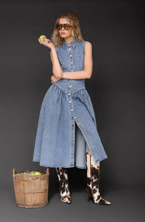 Avec Les Filles Sleeveless Denim Midi Shirt Dress