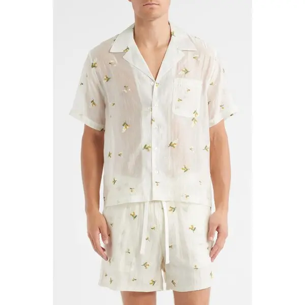 RIZORT Madison Floral Cotton & Lyocell Plissé Camp Shirt - White