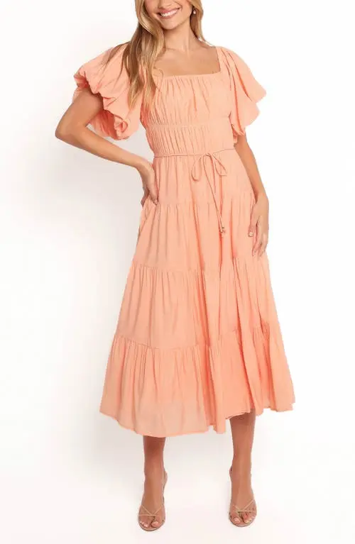 Petal & Pup Julie Flutter Sleeve Tiered Midi Dress - Peach | Editorialist