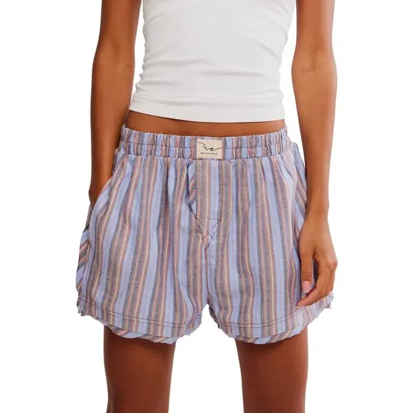 Free People Day To Day Flannel Boxer Pajama Shorts - Blue Combo
