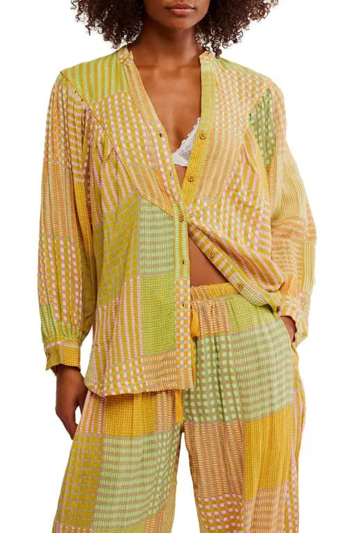 Free People Night After Night Cotton Button-up Pajama Shirt - Lemon Lime Combo