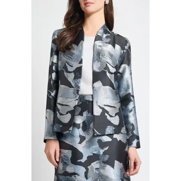 Ming Wang Floral Jacquard Open-front Blazer