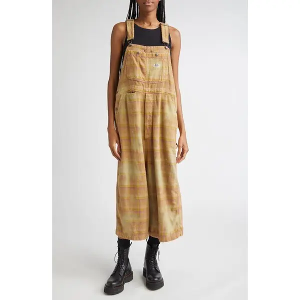 R13 Overdyed Plaid Cotton Flannel Jumbo Overalls - Overdyed Khaki Plaid