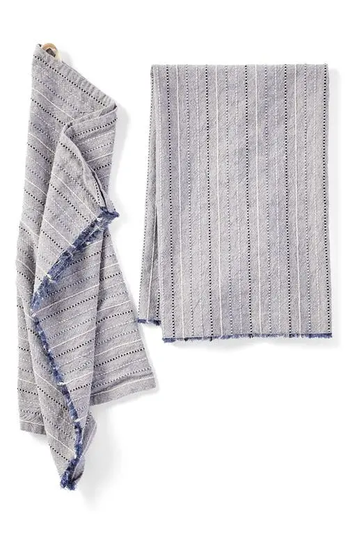 COYUCHI Fringe Stripe Set Of 2 Organic Cotton Hand Towels - Blue Jay