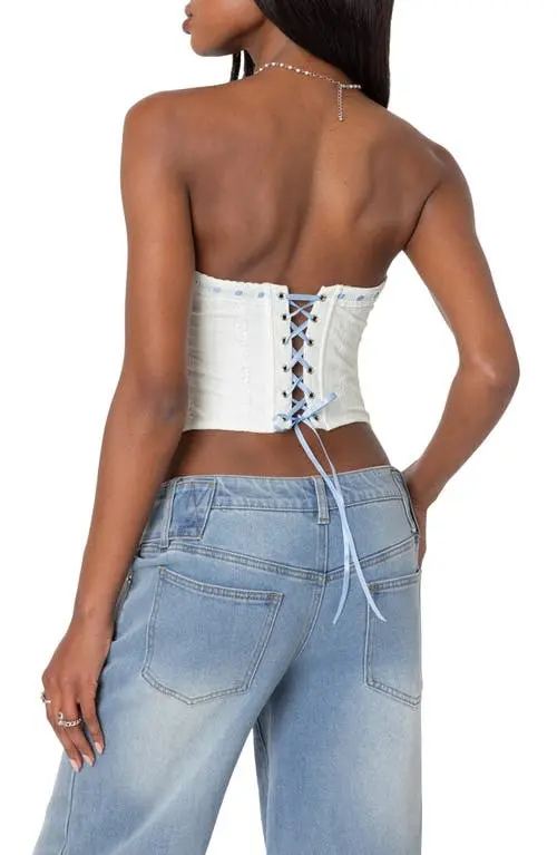 EDIKTED Lacey Ribbon Corset Crop Top - White