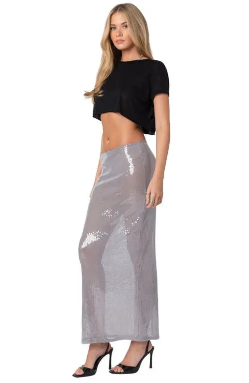 EDIKTED Sequin Embellished Sheer Maxi Skirt - Gray