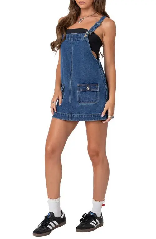 EDIKTED Denim Overall Mini Dress - Blue-washed