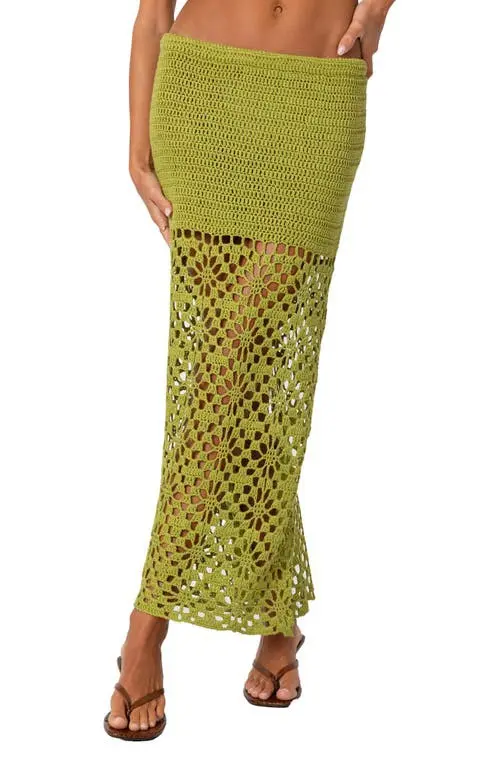 EDIKTED Floral Open Knit Maxi Skirt - Green