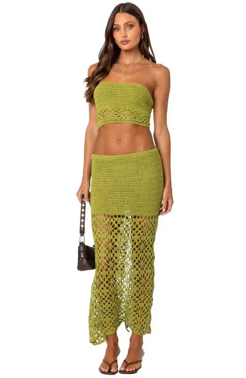 EDIKTED Floral Open Knit Maxi Skirt - Green