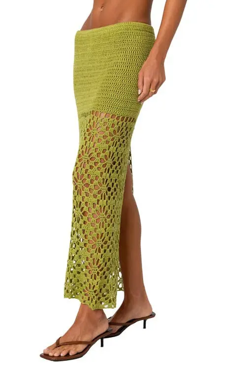 EDIKTED Floral Open Knit Maxi Skirt - Green