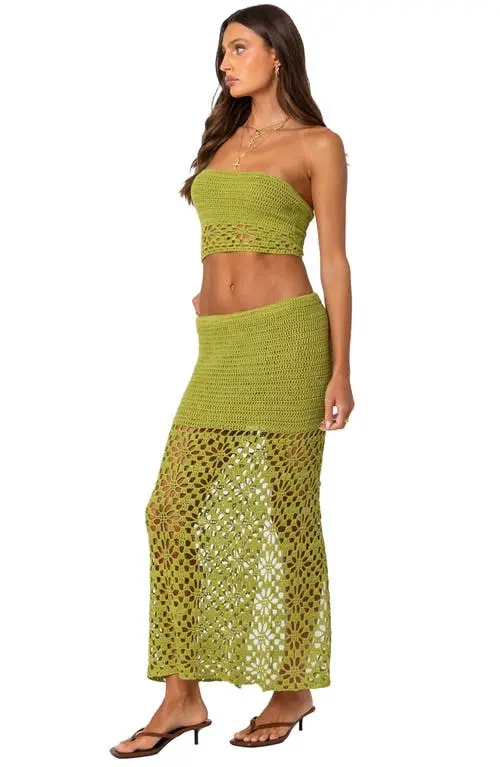 EDIKTED Floral Open Knit Maxi Skirt - Green