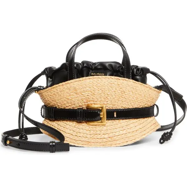 Balmain Mini Shuffle Belted Raffia Bag