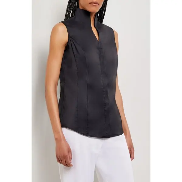 Misook Sleeveless Shirt With Stand Collar - Black