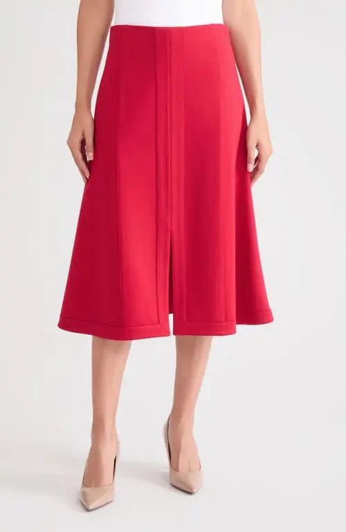 Misook Ponte A-line Midi Skirt With Front Slit - Scarlet Red