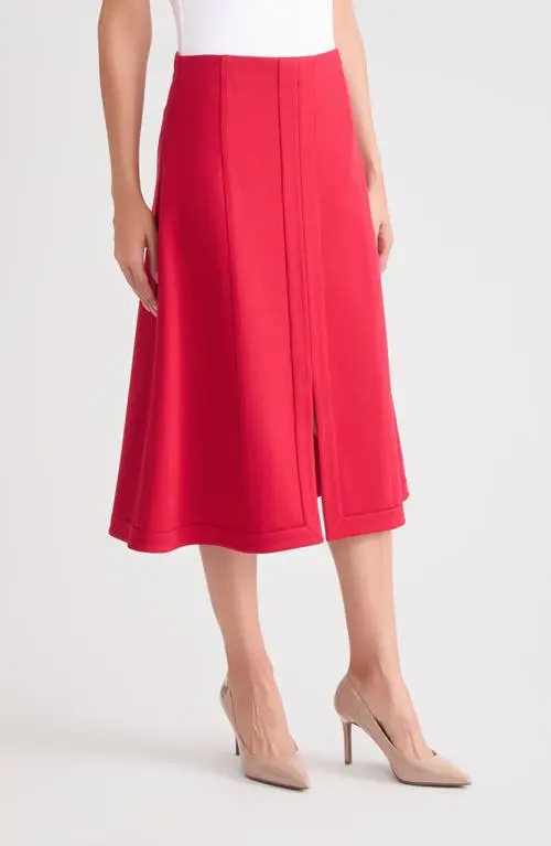 Misook Ponte A-line Midi Skirt With Front Slit - Scarlet Red