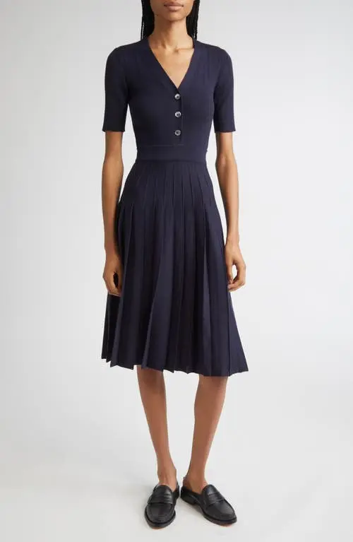 Thom Browne Mixed Stitch Wool & Silk Midi Dress - Navy