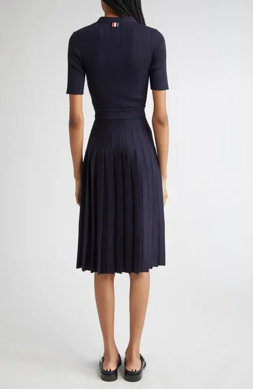 Thom Browne Mixed Stitch Wool & Silk Midi Dress - Navy