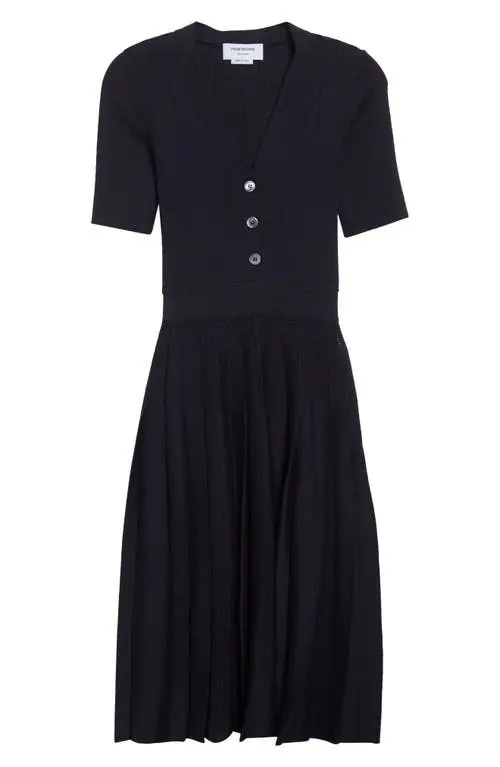 Thom Browne Mixed Stitch Wool & Silk Midi Dress - Navy
