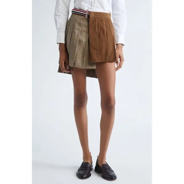 Thom Browne Pleated Mixed Media Miniskirt - Brown