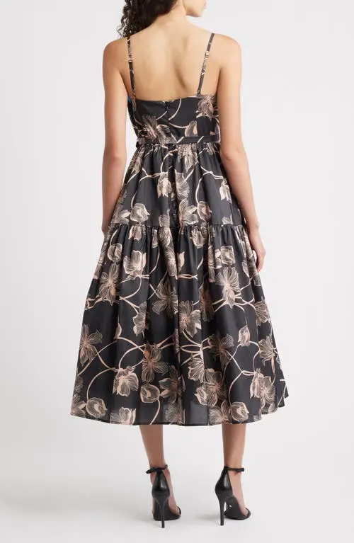 HUTCH Belted Bustier Tiered Dress - Black/apricot Vining Buds