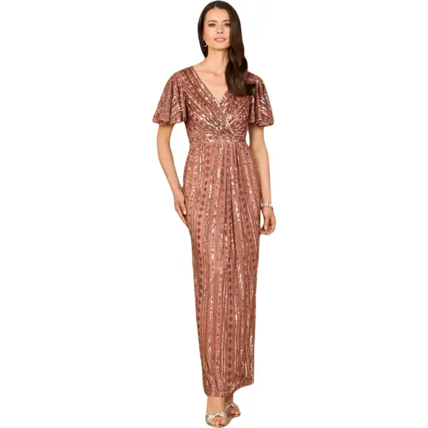 LARA NEW YORK Beaded Gown With Flutter Sleeves - Bronze