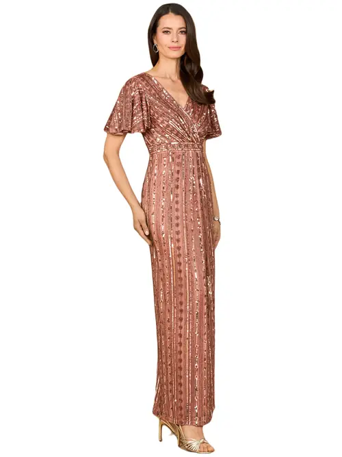 LARA NEW YORK Beaded Gown With Flutter Sleeves - Bronze