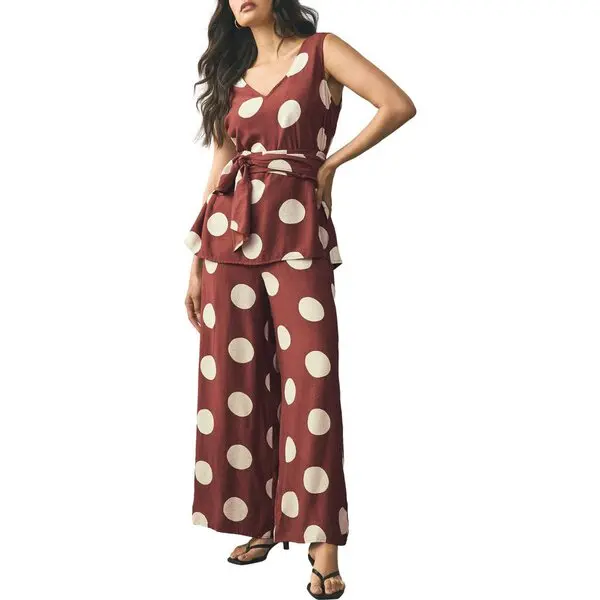 NEXT Polka Dot Tie Waist Jumpsuit - Brown