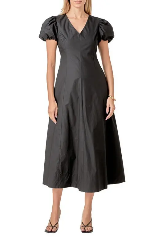 English Factory Puff Sleeve Fit & Flare Cotton Midi Dress - Black