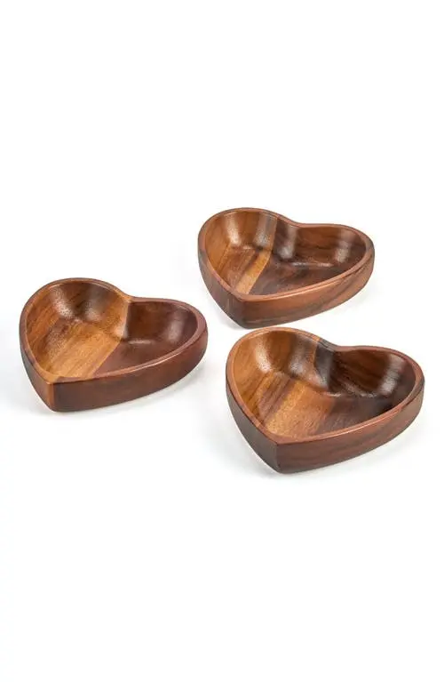 NAMBE Eat Your Heart Out Set Of 3 Small Acacia Wood Bowls - Brown