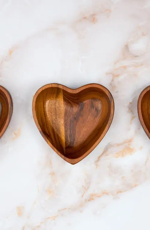 NAMBE Eat Your Heart Out Set Of 3 Small Acacia Wood Bowls - Brown