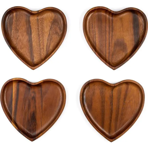 NAMBE Eat Your Heart Out Set Of 4 Acacia Wood Appetizer Plates - Brown