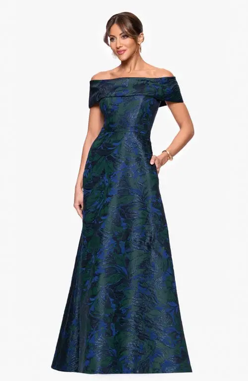 XSCAPE EVENINGS Off-the-shoulder Brocade Ballgown