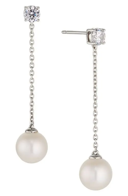 Nadri Pearl And Cubic Zirconia Linear Drop Earrings - Pearl/rhodium