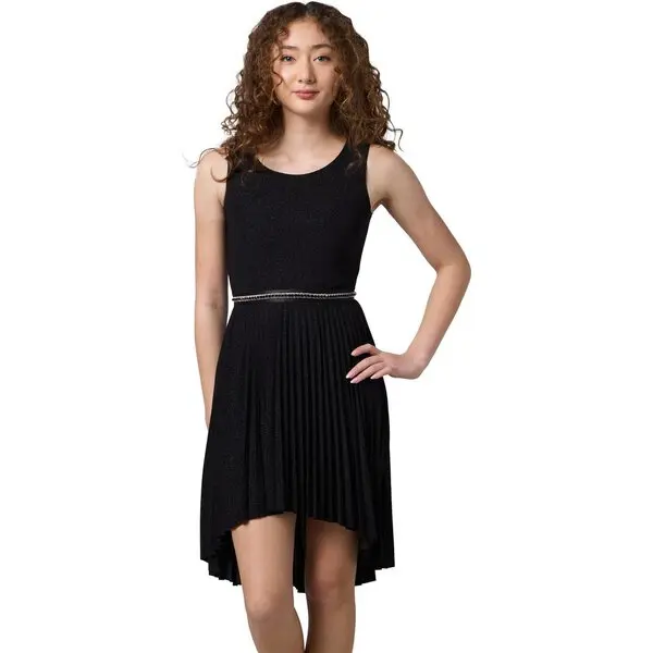 UN DEUX TROIS Glitter Pleated High Low Dress With Belt - Black