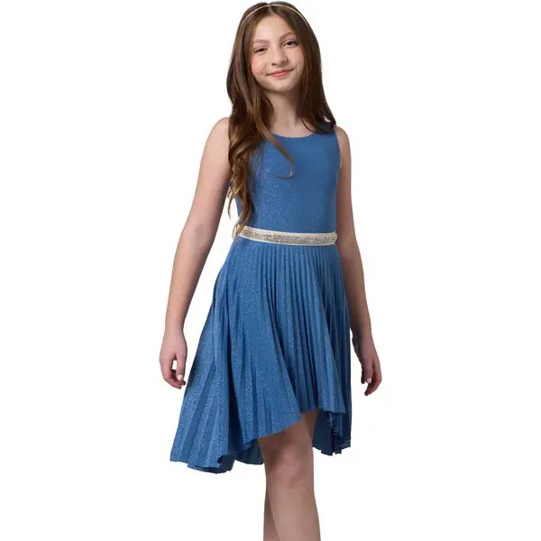 UN DEUX TROIS Glitter Pleated High Low Dress With Belt - Blue