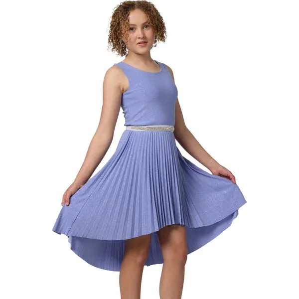 UN DEUX TROIS Glitter Pleated High Low Dress With Belt - Denim