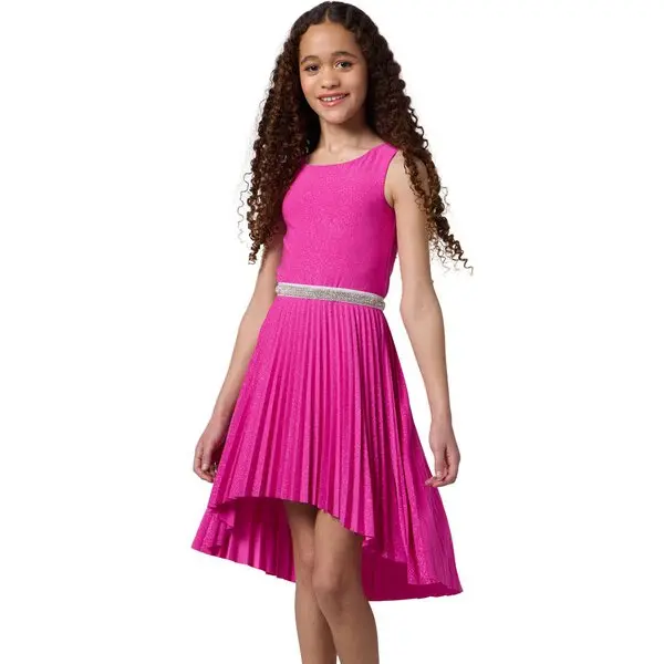 UN DEUX TROIS Glitter Pleated High Low Dress With Belt - Fuchsia