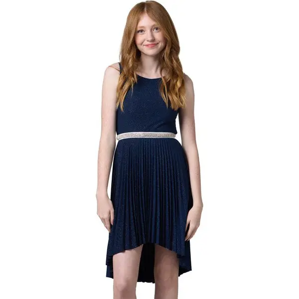 UN DEUX TROIS Glitter Pleated High Low Dress With Belt - Navy