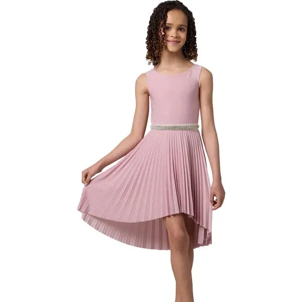 UN DEUX TROIS Glitter Pleated High Low Dress With Belt - Rose