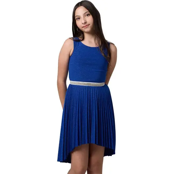 UN DEUX TROIS Glitter Pleated High Low Dress With Belt - Royal